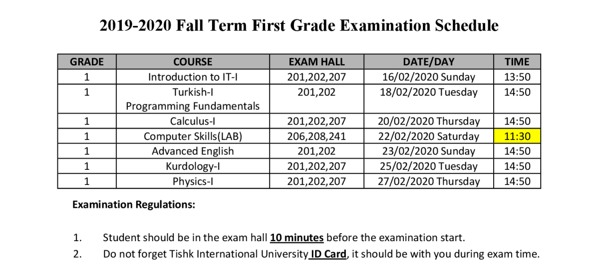 2019-2020 Fall Term First Grade Examination Schedule | IT Department
