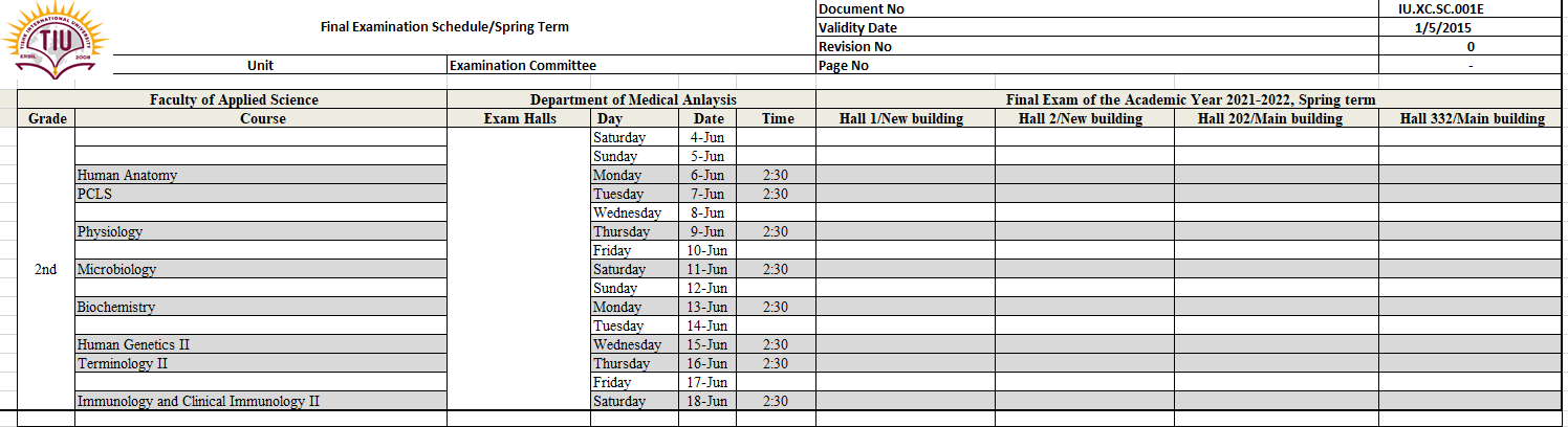 Schedules - Medical Analysis - Tishk International University (TIU)